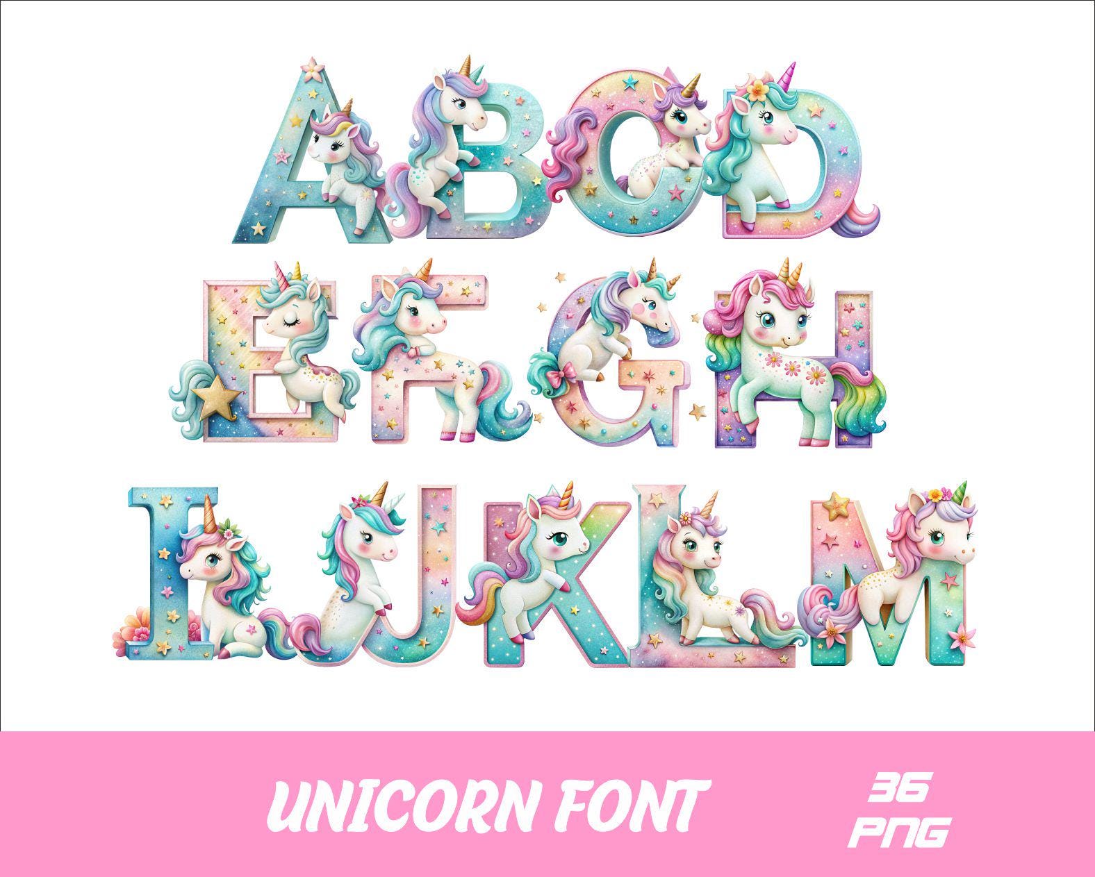 Unicorn Alphabet 36 PNG Unicorn Font Watercolor Png Unicorn Font ...