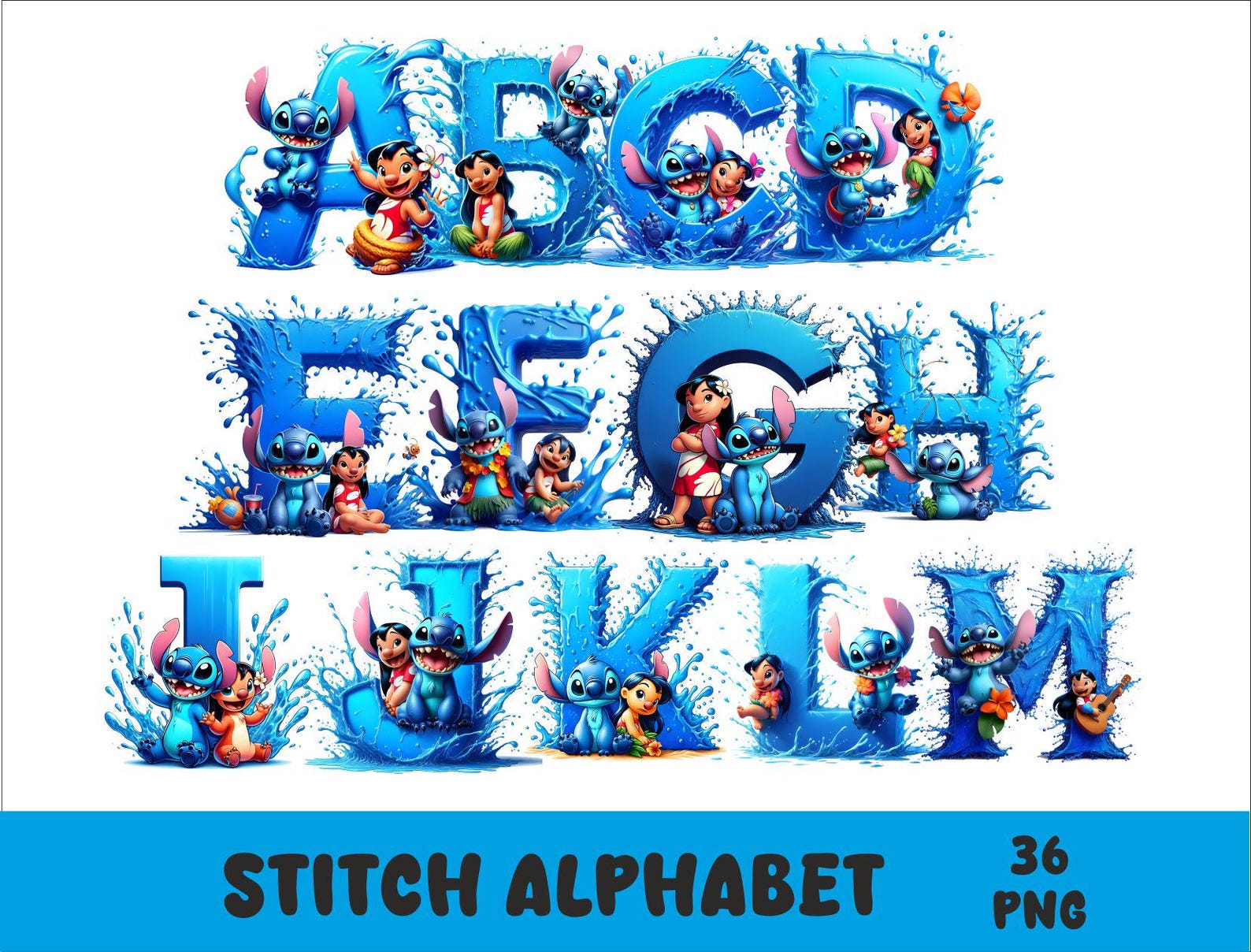 Lilo and Stitch Alphabet 36 PNG Stitch Font Watercolor Png Stitch Font ...