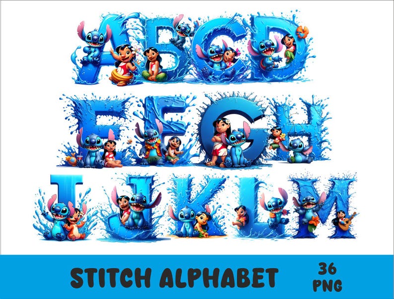 Lilo and Stitch Alphabet 36 PNG Stitch Font Watercolor Png Stitch Font ...