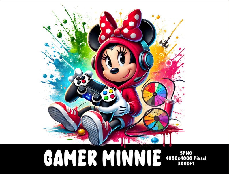 5 PNG Gamer Minnie Mouse Png Stitch Splash and Watercolor Png Gamer ...