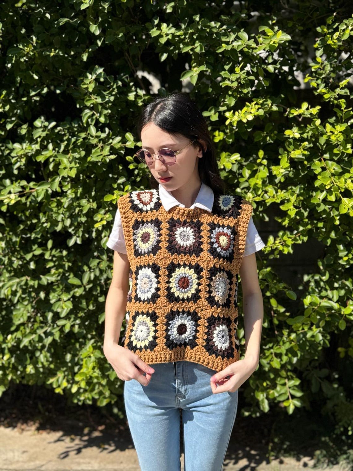 Women's Granny Squares Crochet Vest - Oversized Sleeveless Sweaters ...