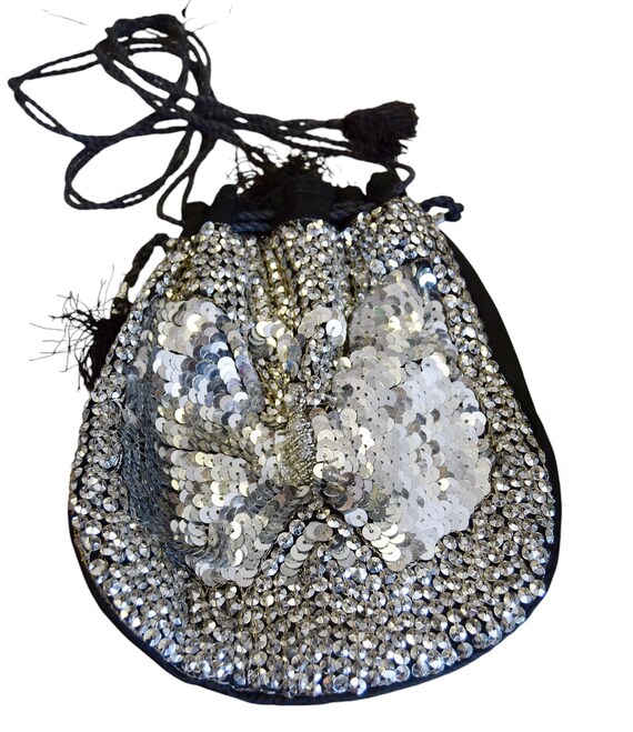 Antique 1920's Silver Sequin Flapper Reticule Bag wit… - Gem