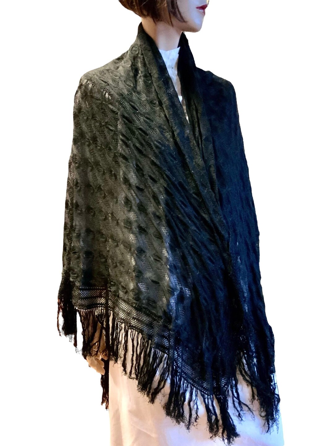 Edwardian Ajour Lace Crochet/ Knit Fringed Shawl - Etsy