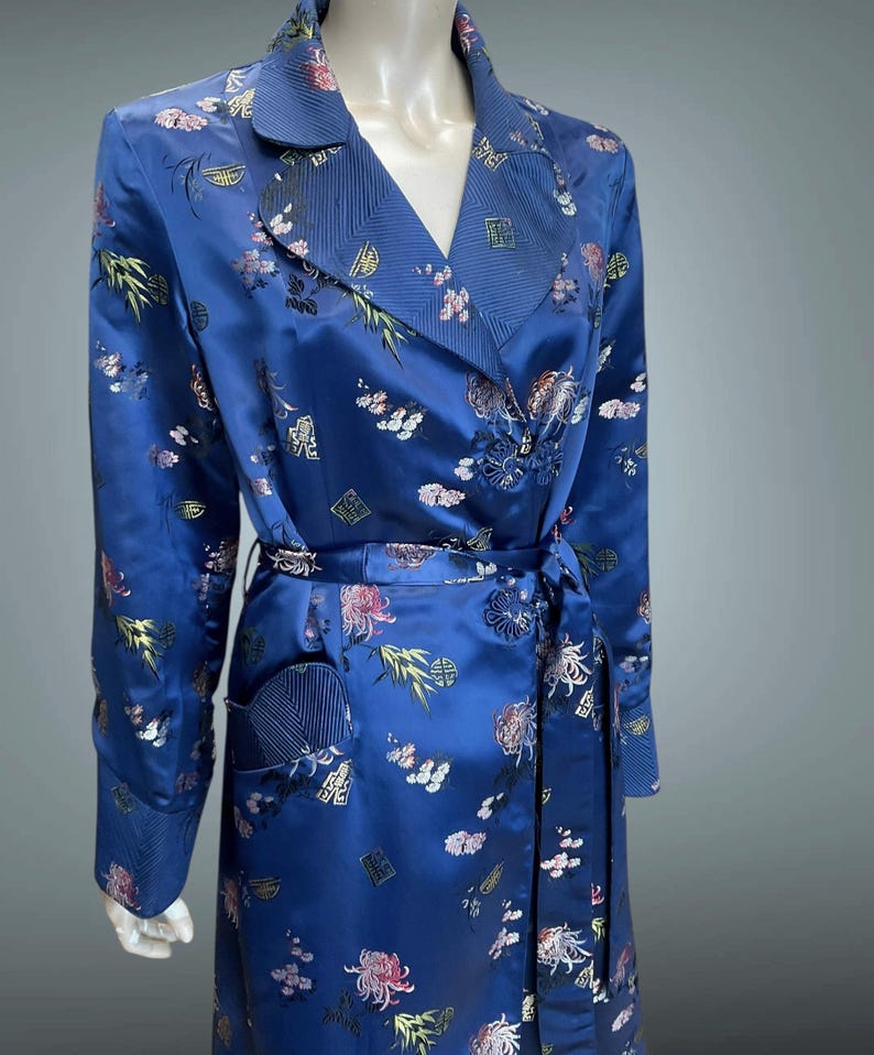 1950's Dark Blue Silk Chinese Robe, Dressing Gown Size 36/38” Bust ...