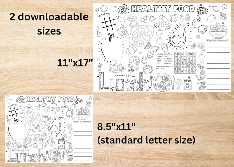 Printable Healthy Food Placemat for Kids Letter Size 8.5x11 and 11x17 ...
