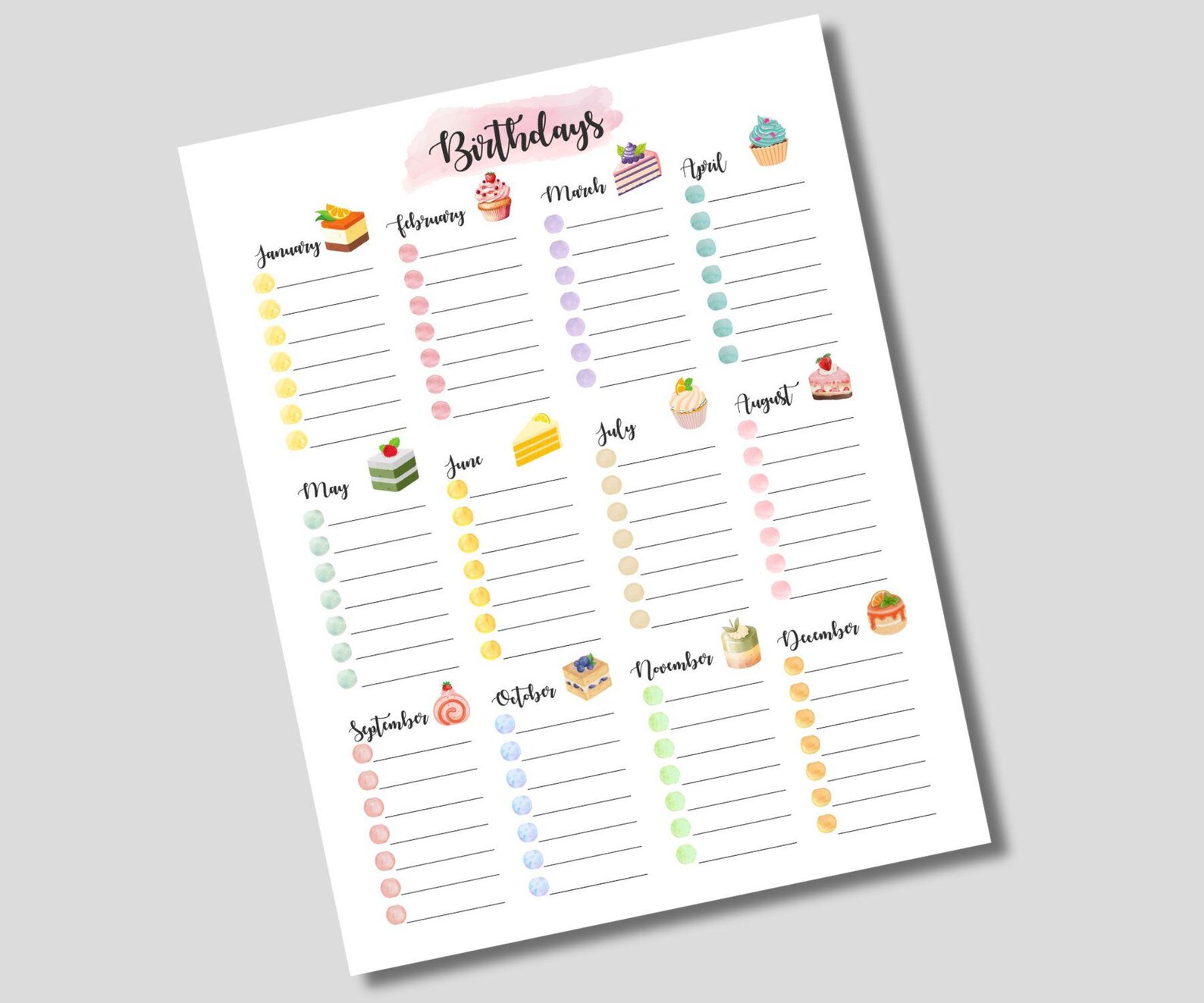 Watercolor Birthday Tracker Printable Template, Birthday Planner ...