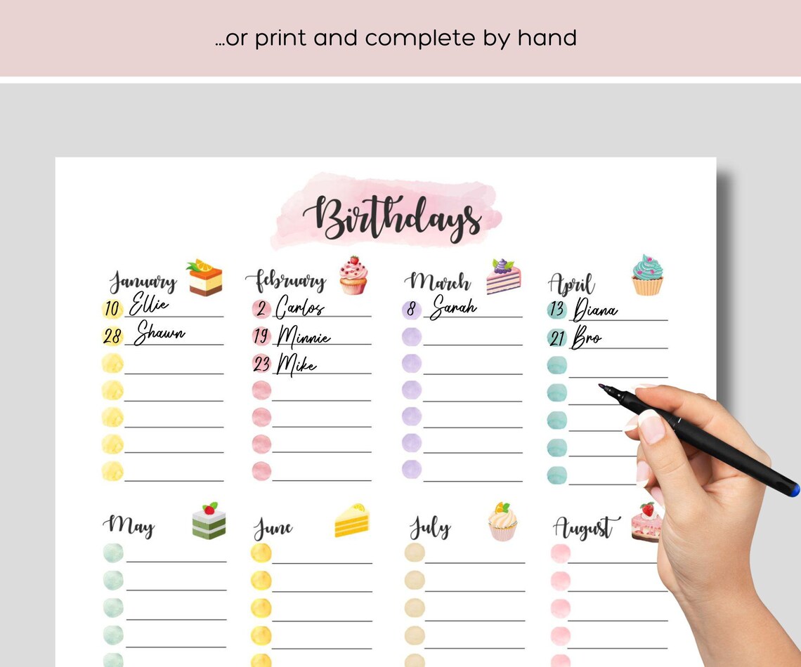 Watercolor Birthday Tracker Printable Template, Birthday Planner ...