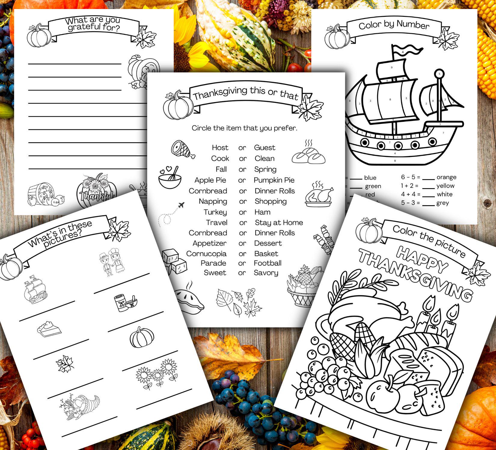45 Printable Thanksgiving Worksheet Bundle, Activity Pages for Children ...