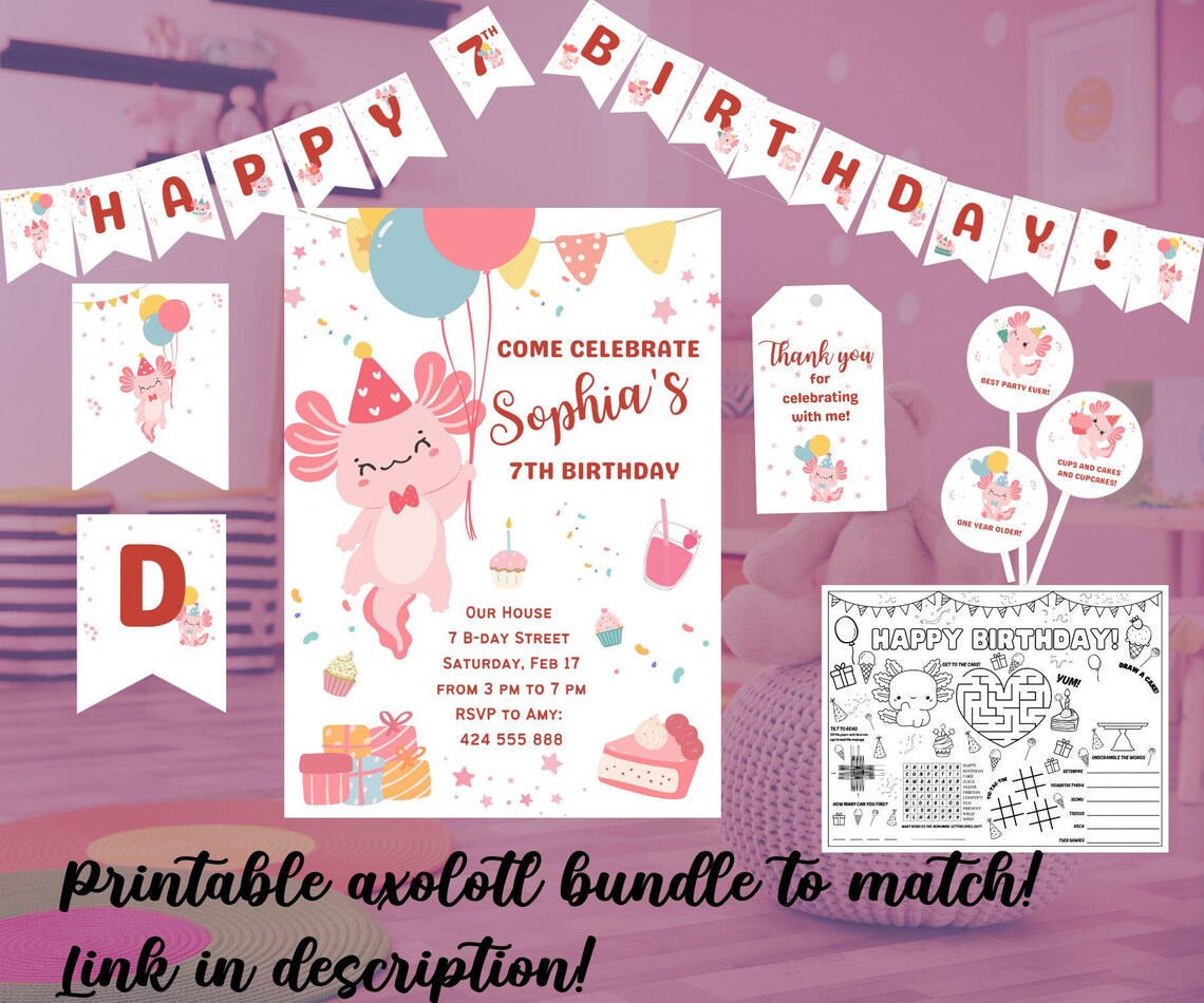 Printable Axolotl Birthday Placemat for Girls, Axolotl Birthday ...