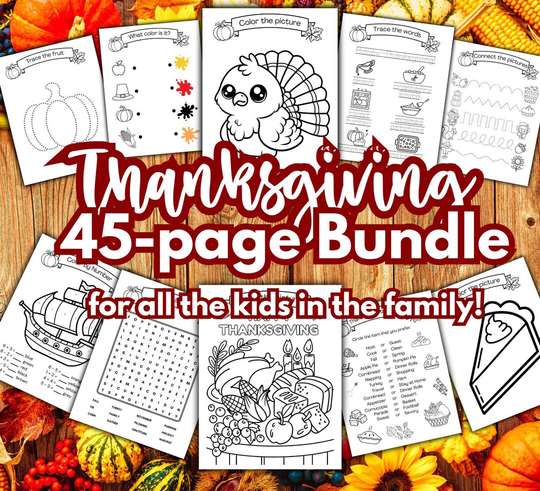 45 Printable Thanksgiving Worksheet Bundle, Activity Pages for Children ...