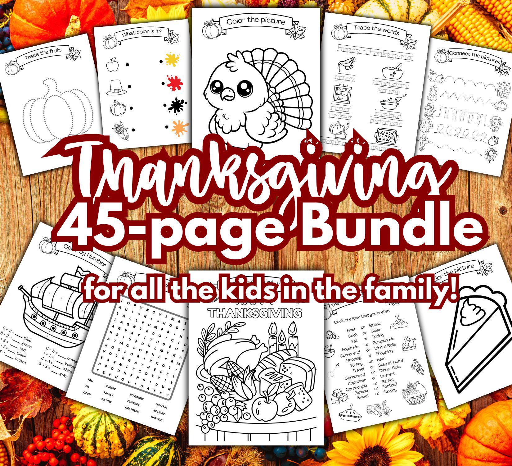 45 Printable Thanksgiving Worksheet Bundle, Activity Pages for Children ...