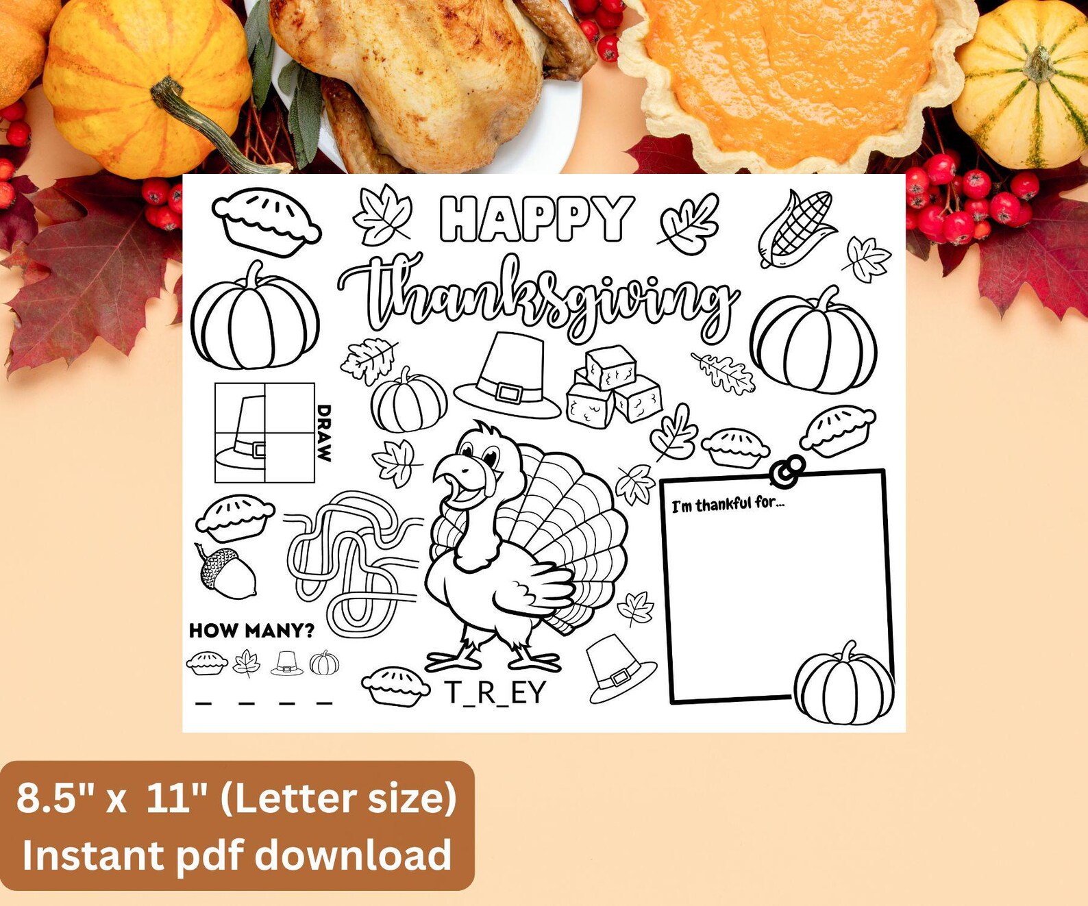 Thanksgiving Placemat for Kids - Coloring Page, Activity Page, Letter ...