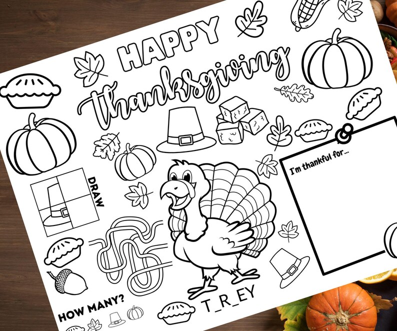 Thanksgiving Placemat for Kids - Coloring Page, Activity Page, Letter ...