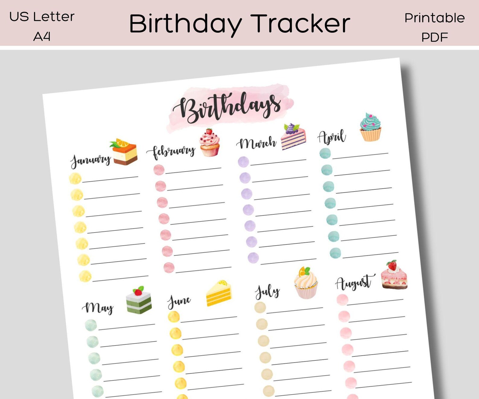 Watercolor Birthday Tracker Printable Template, Birthday Planner ...
