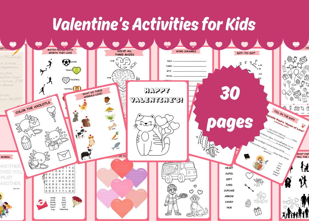 30 Pages Valentine's Printable Activities Bundle for Kids, Classroom ...