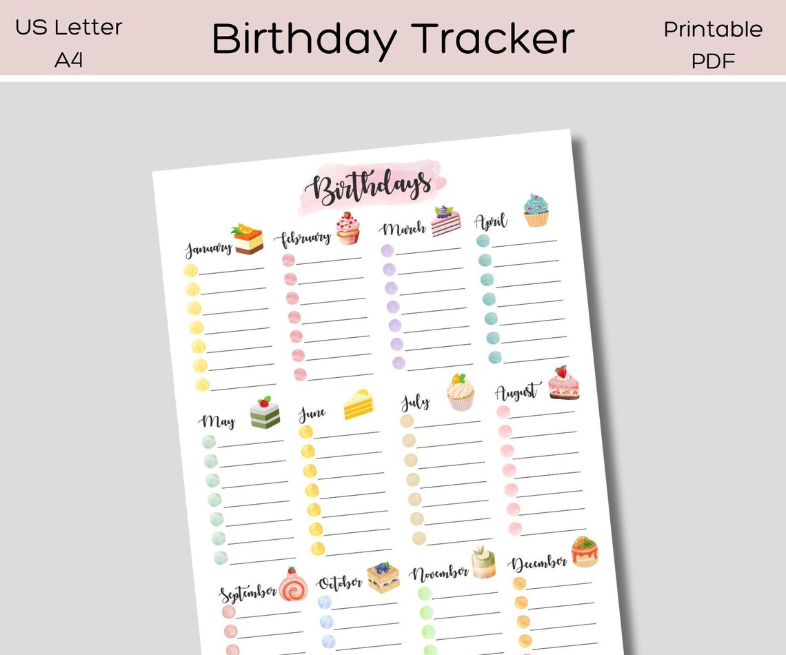 Watercolor Birthday Tracker Printable, Monthly Reminder (PDF) - Etsy