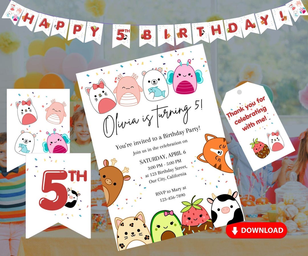 Editable Squishmallow Birthday Invite, Squish Birthday Thank You Tags ...