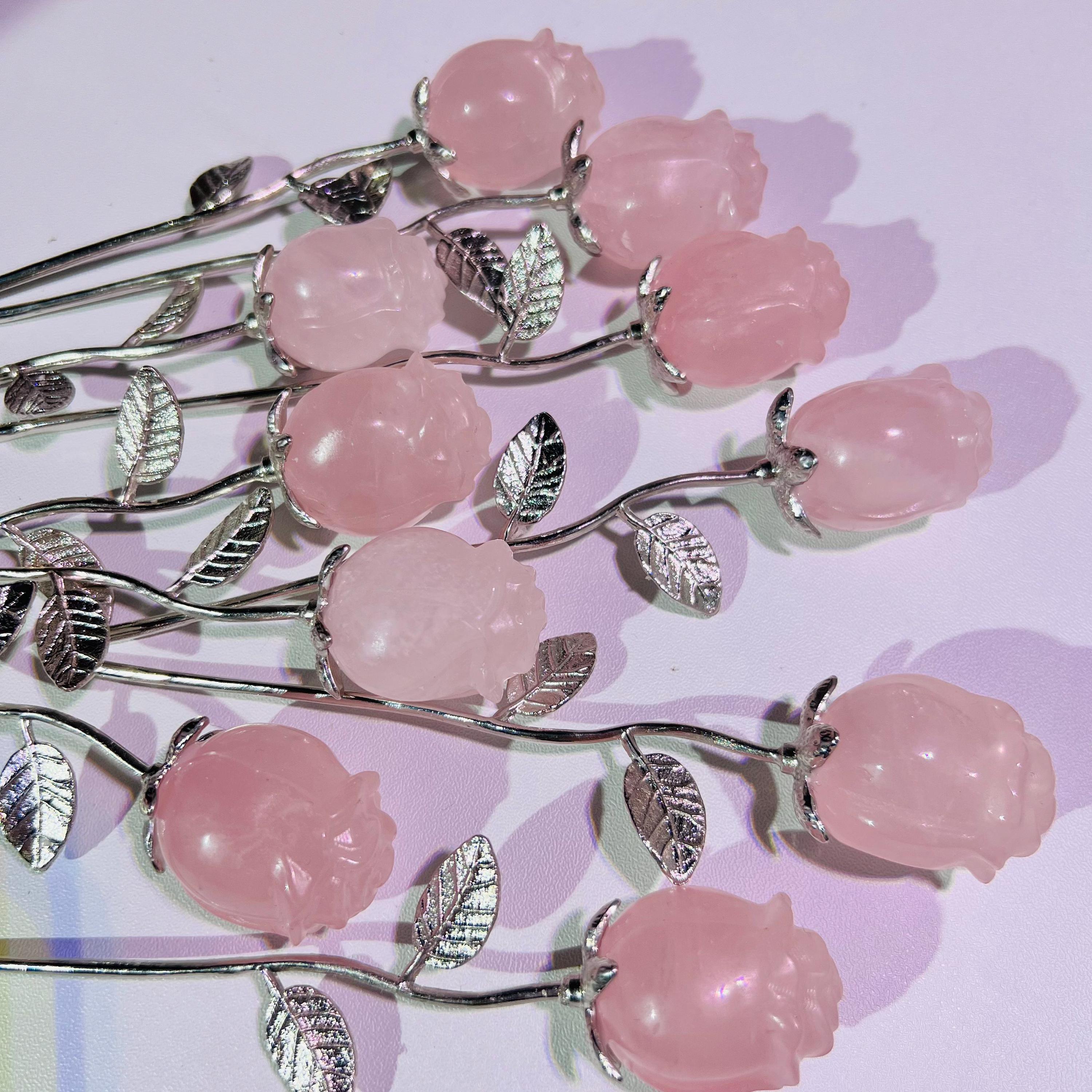 Rose Quartz Crystal Rose Carving With Metal Leaf Stand - Etsy