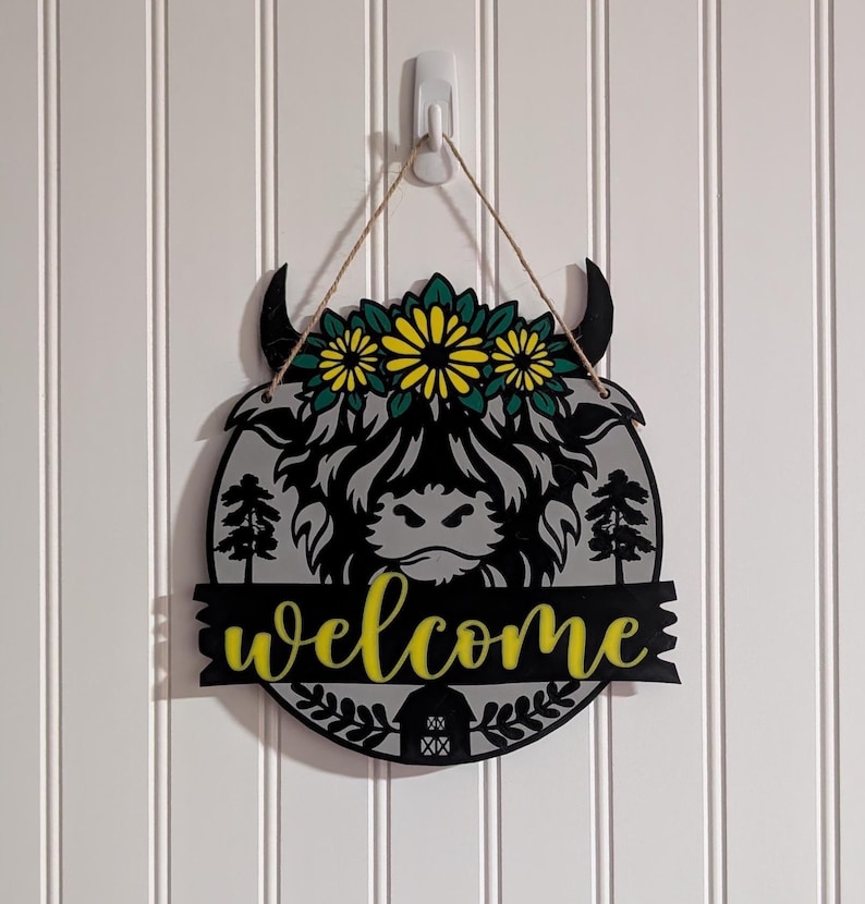 Highland Cow Welcome Sign | Hanging Rustic Home Decor | Ready to Ship ...