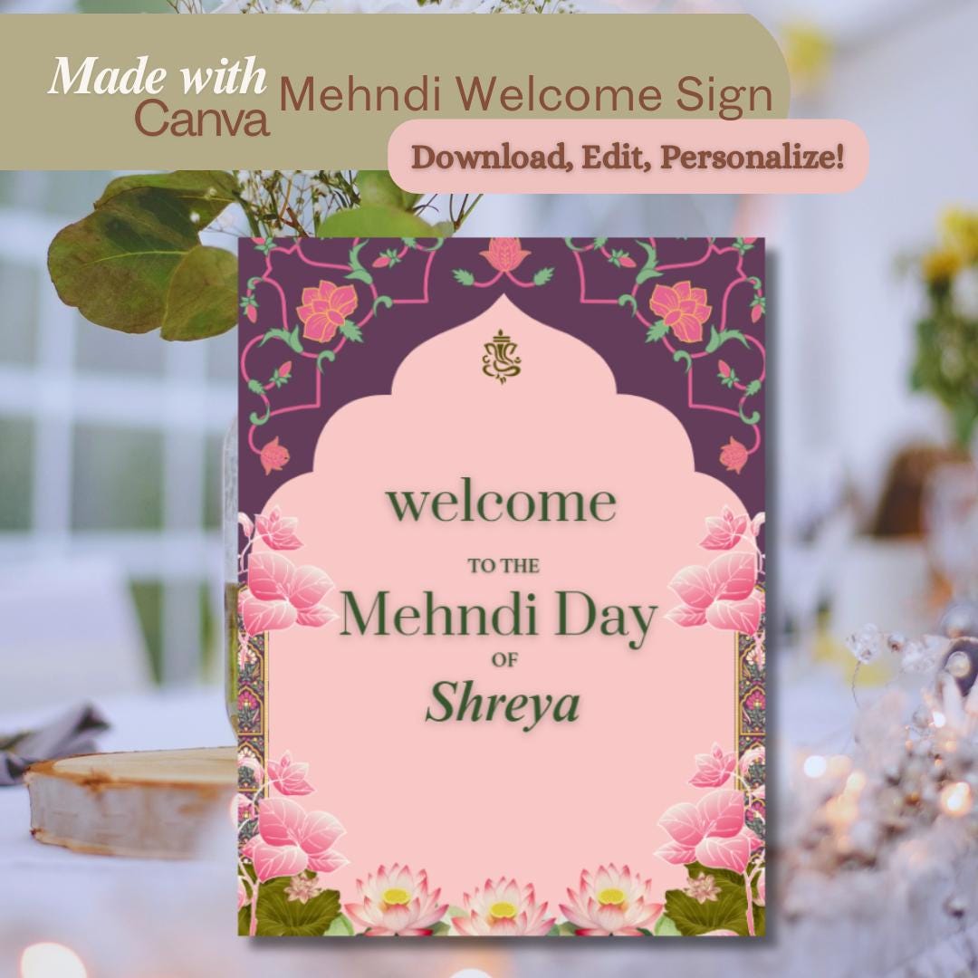 Mehndi Welcome Sign Bride Mehndi Sign Indian Digital Welcome Sign Lotus ...