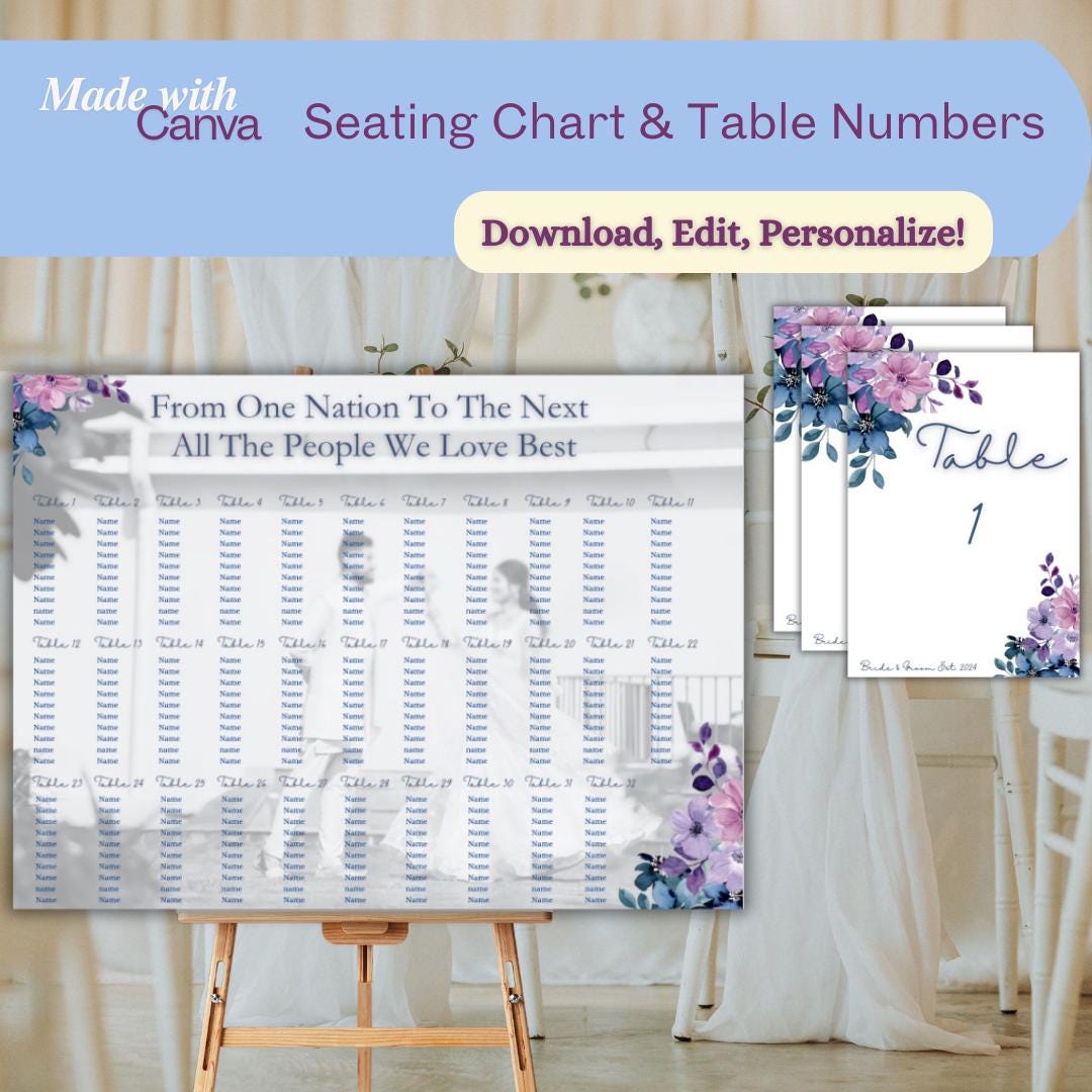 Photo Seating Chart Wedding Seating Chart With Table Numbers Blue ...