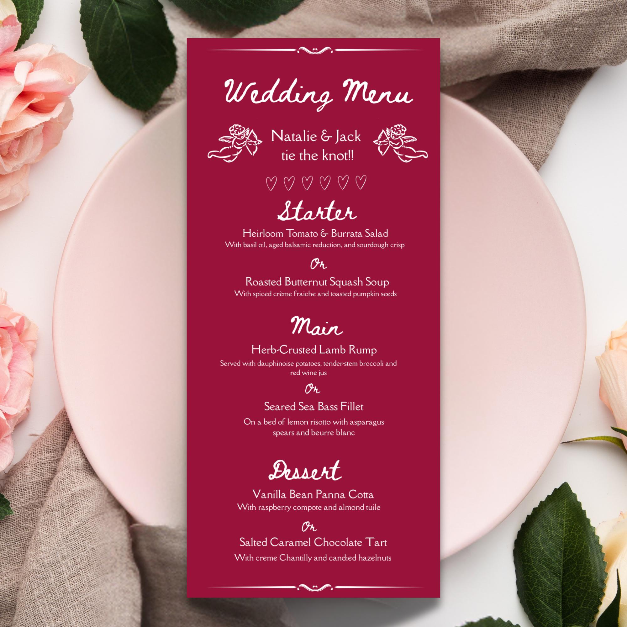 Red Wedding Menu Template - Editable in Canva | White Accents & Cupid ...