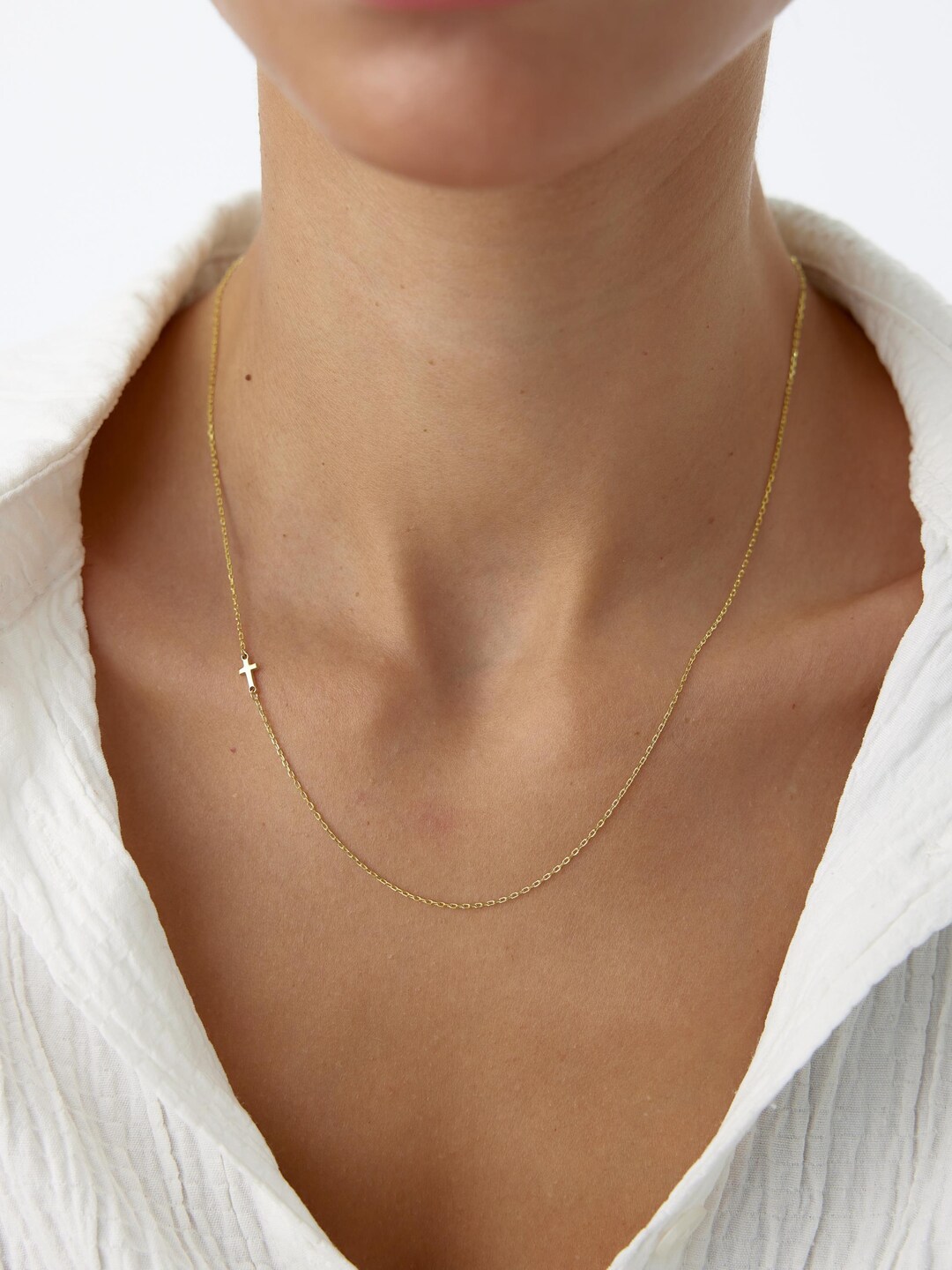 14K Gold Dainty Side Ways Cross Necklace, Minimalist Gold Cross ...