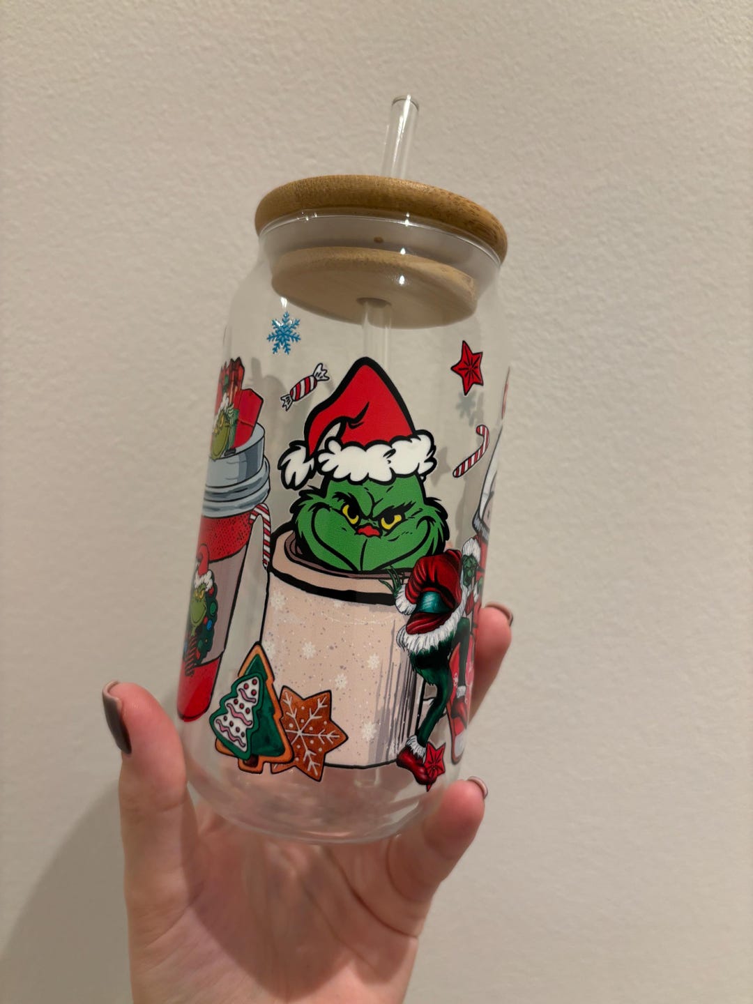 Grinch Christmas 16oz Libbey Glass Cup Comes With Bamboo Lid and Glass ...