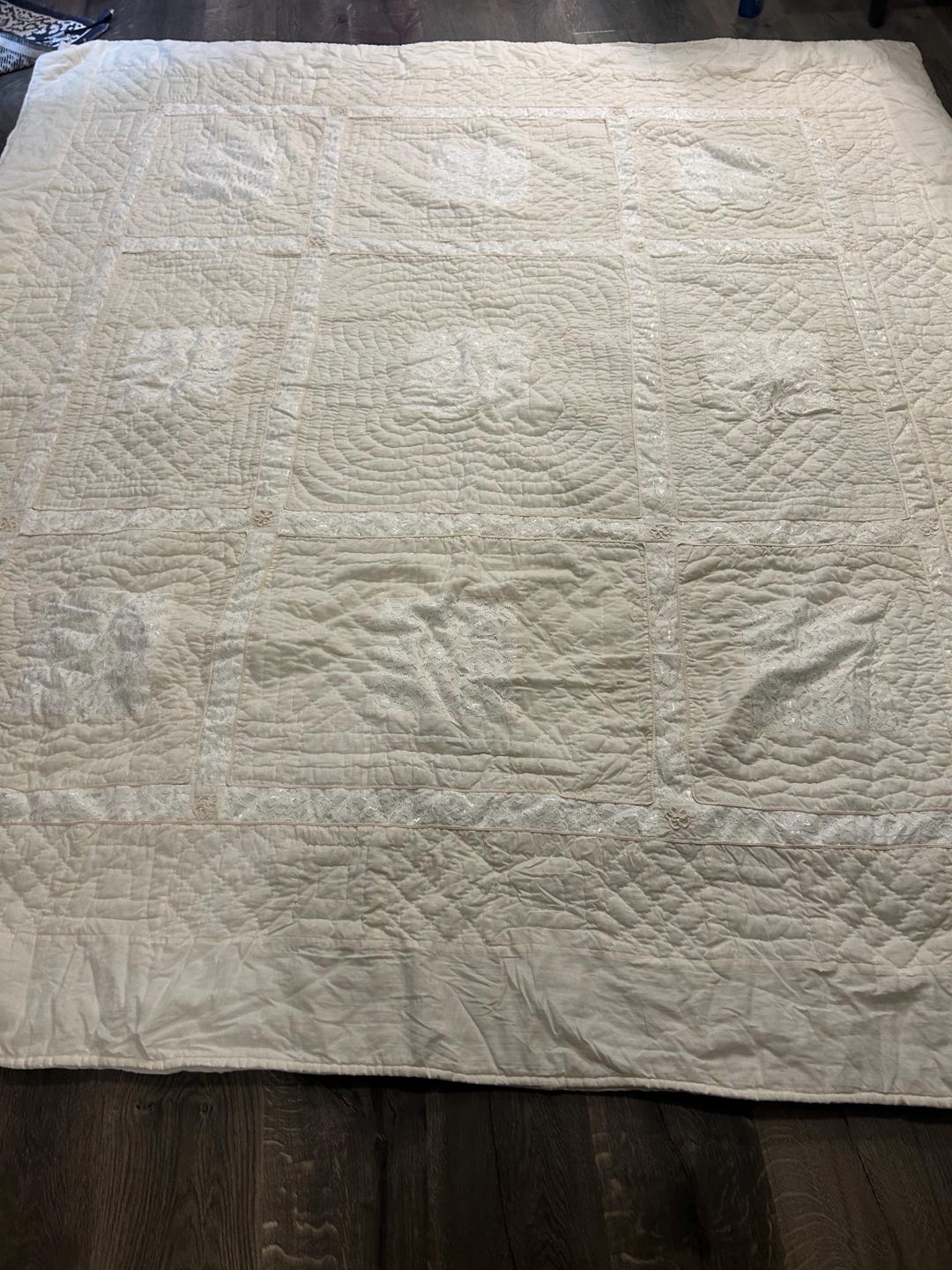 Vintage Handmade Ivory and Lace Quilt With Rose Appliqué- 97x86 Inches ...