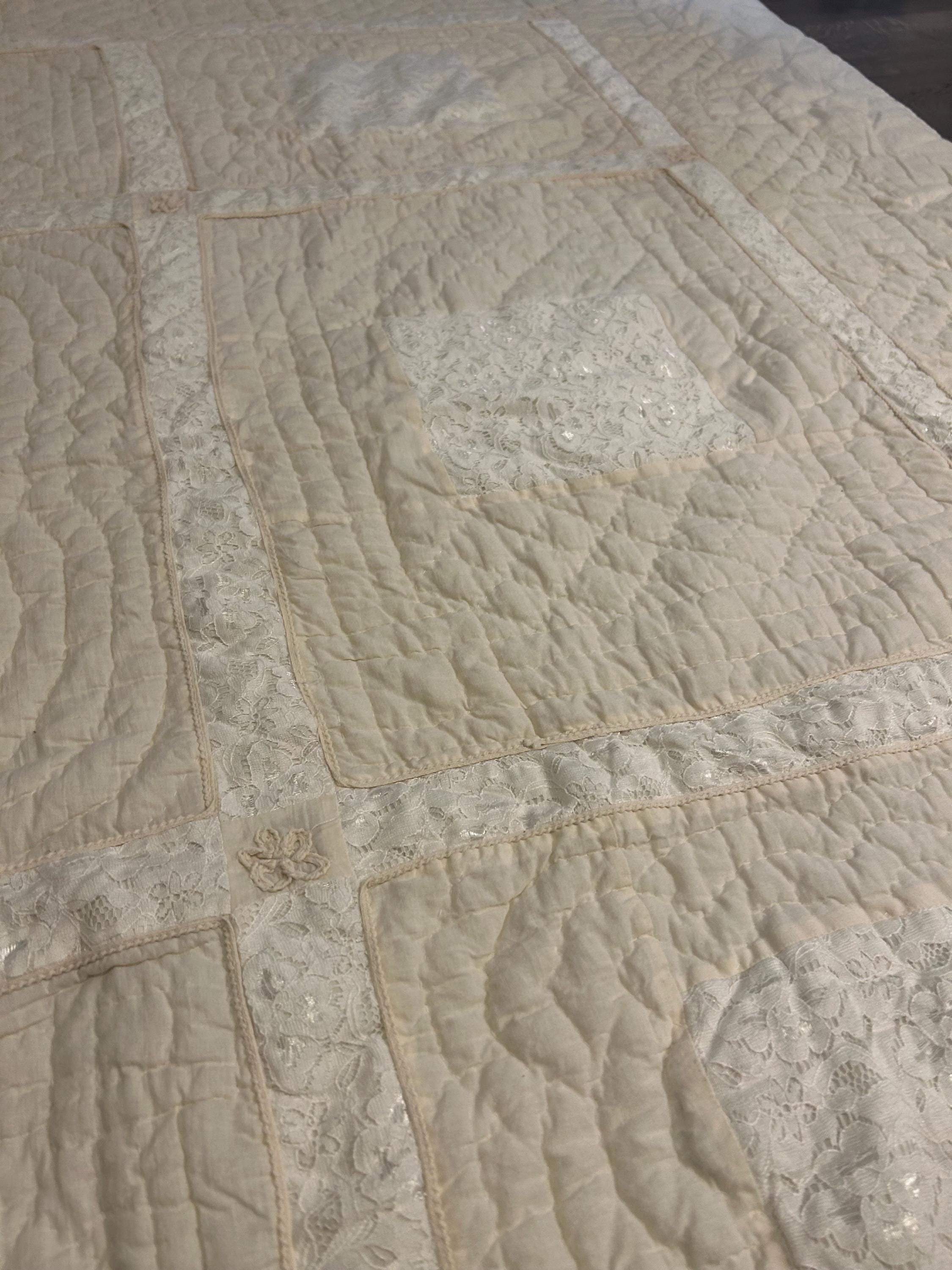 Vintage Handmade Ivory and Lace Quilt With Rose Appliqué- 97x86 Inches ...