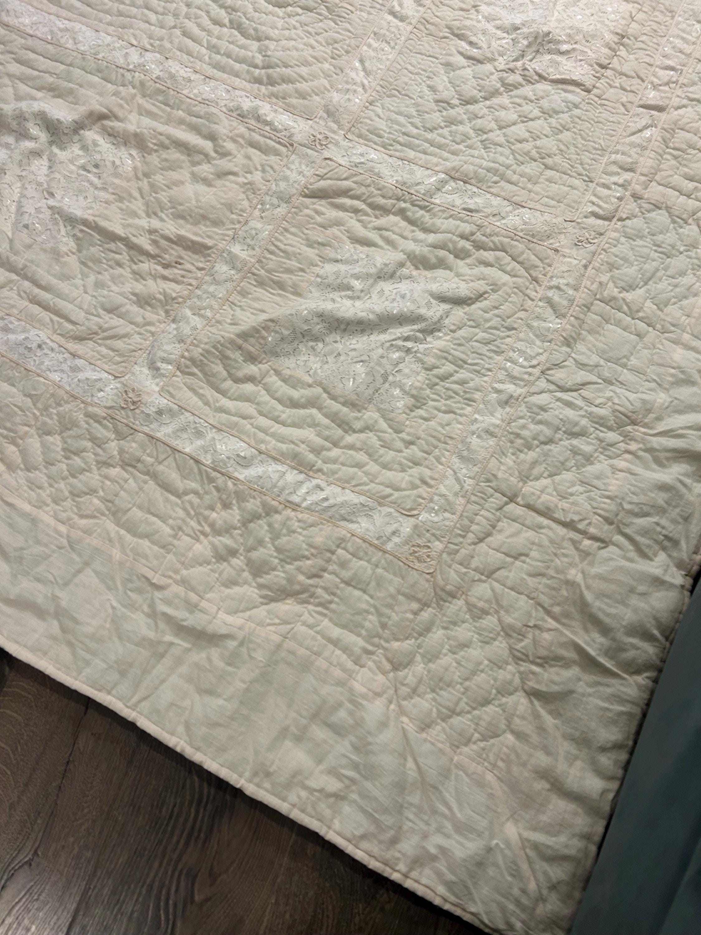 Vintage Handmade Ivory and Lace Quilt With Rose Appliqué- 97x86 Inches ...
