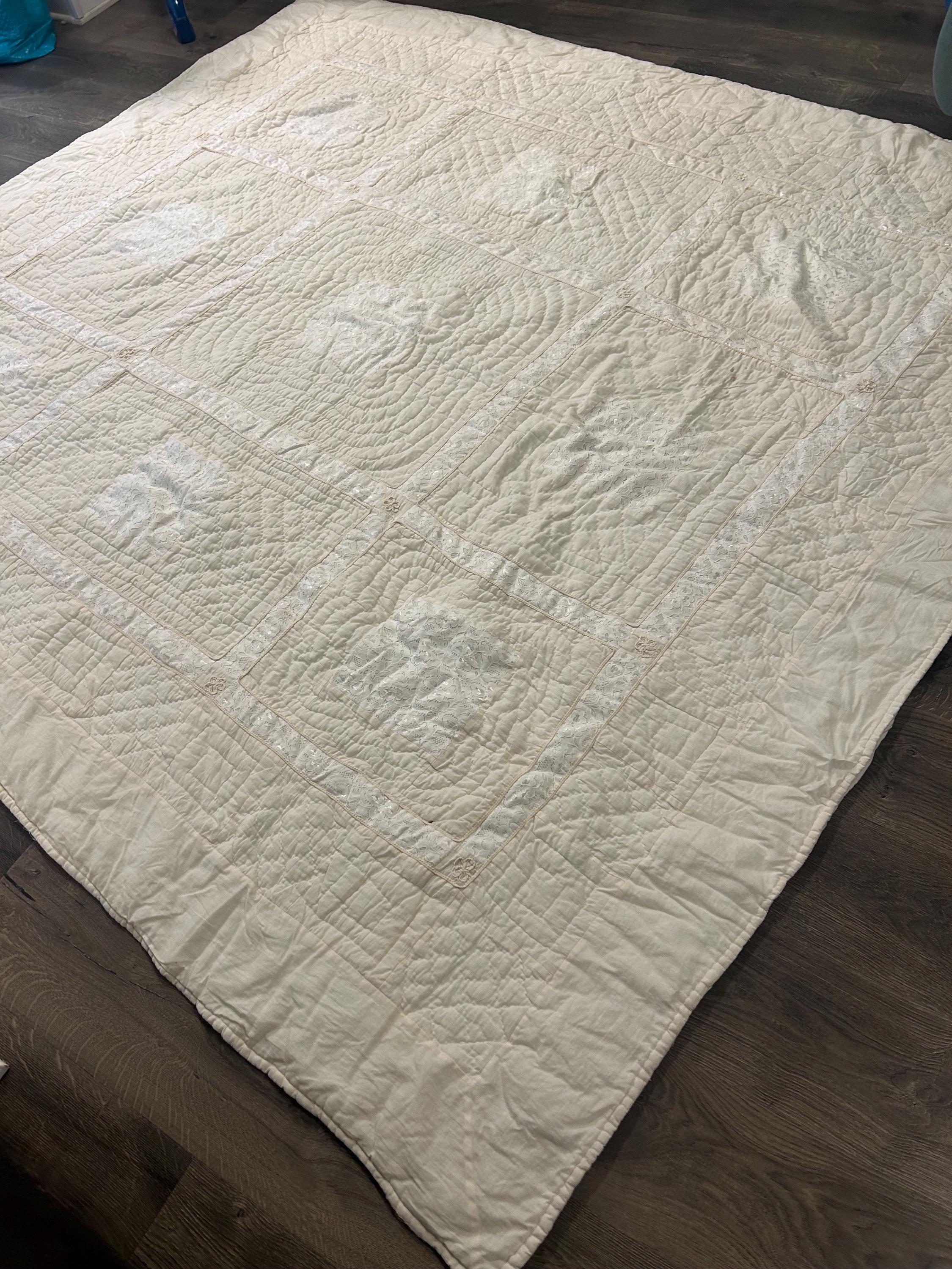 Vintage Handmade Ivory and Lace Quilt With Rose Appliqué- 97x86 Inches ...