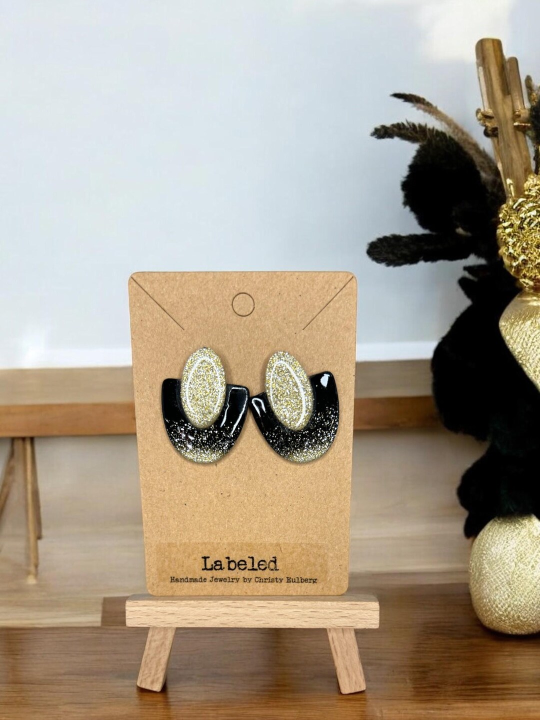 Black and Gold Glitter Oval Arch Clay Earrings: Modern Dangle Studs ...