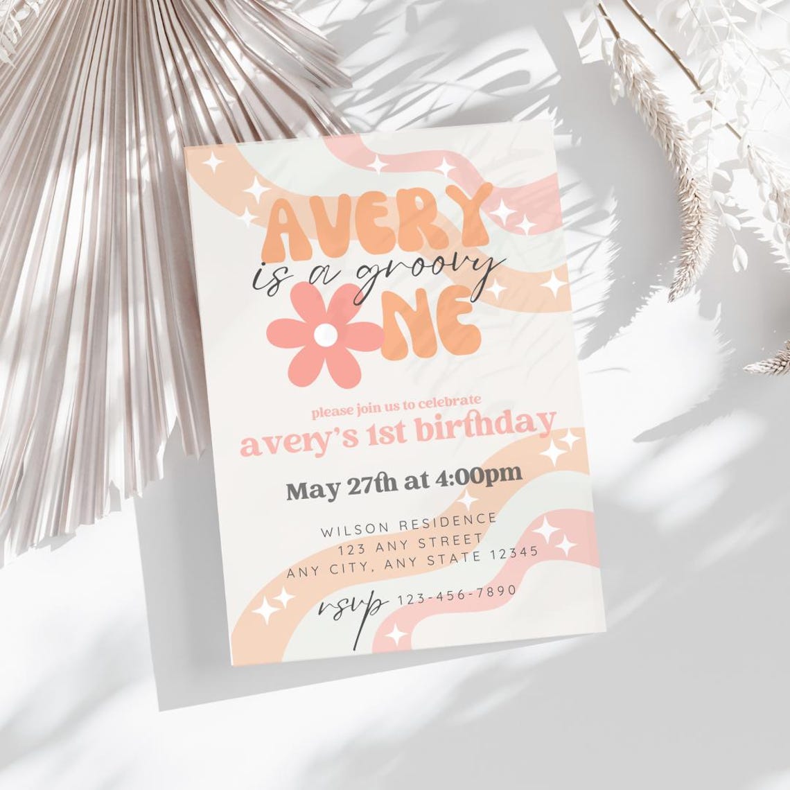 Groovy One Birthday Invitation | Retro Editable Birthday Party Invite ...