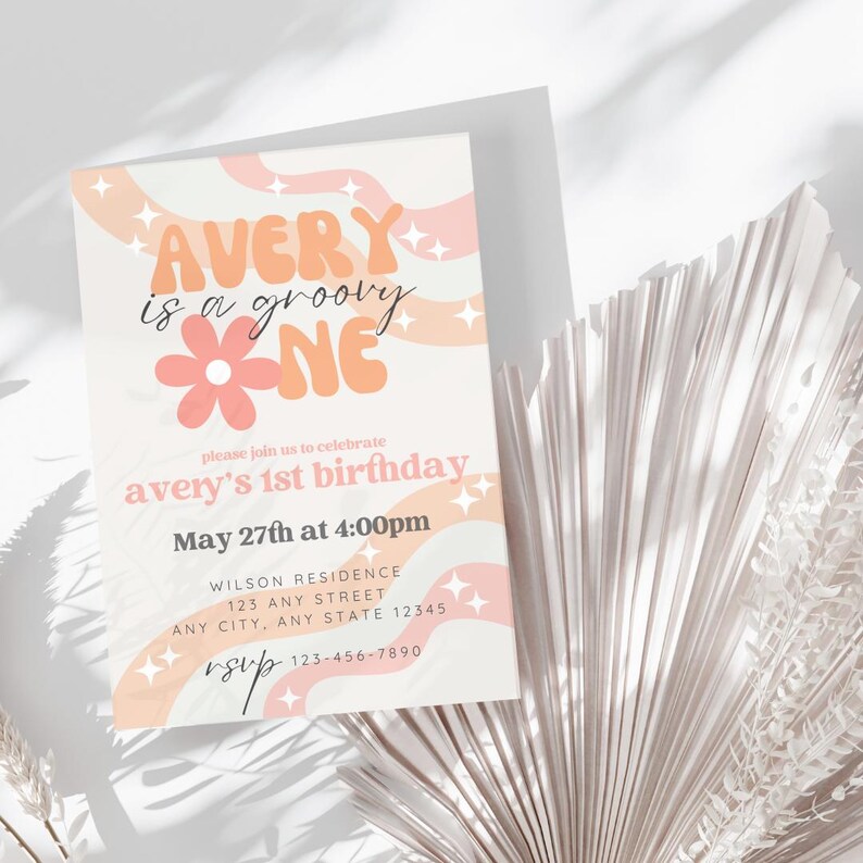 Groovy One Birthday Invitation | Retro Editable Birthday Party Invite ...