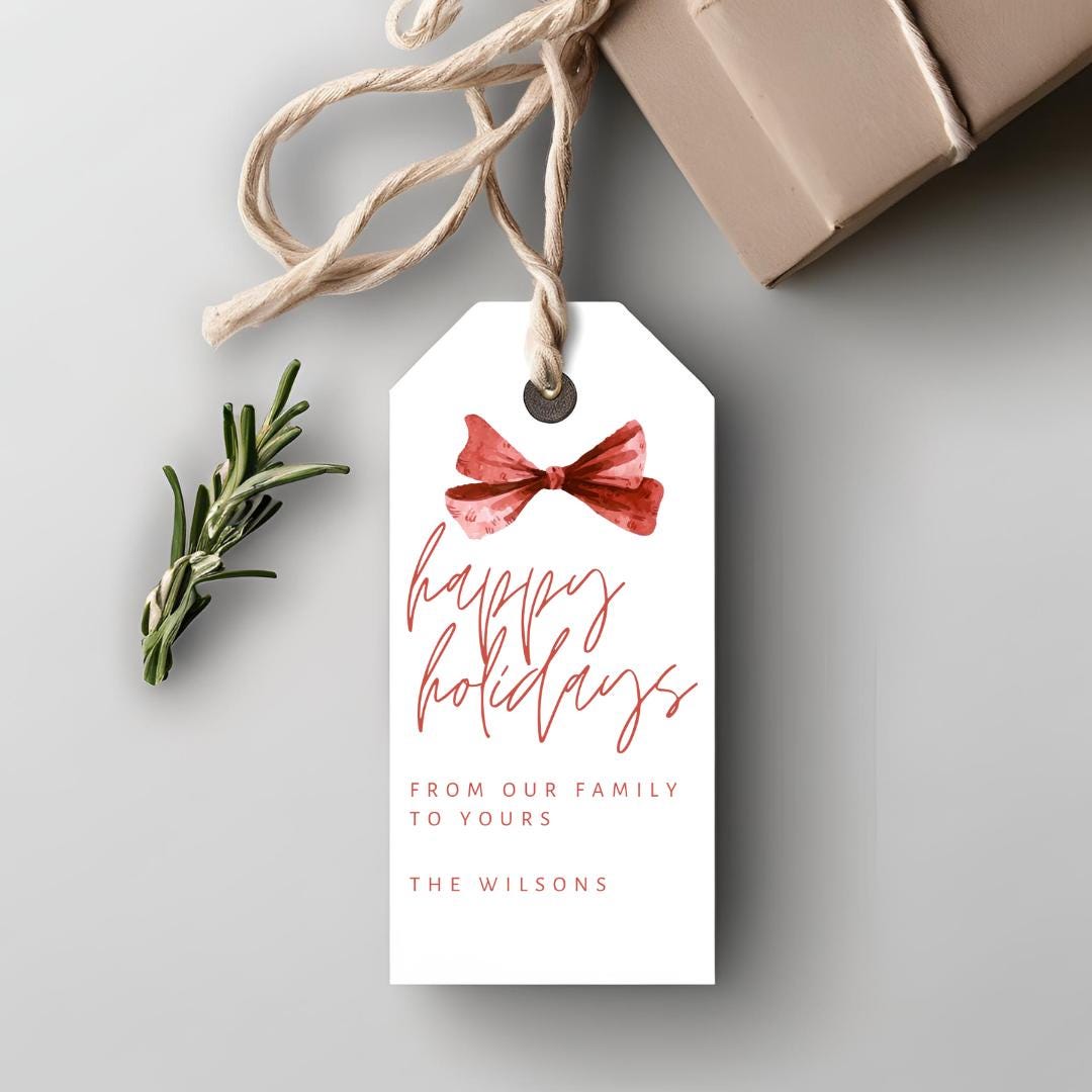 Christmas Bow Gift Tag | Red Minimalist, Editable Tags, Company Gift ...