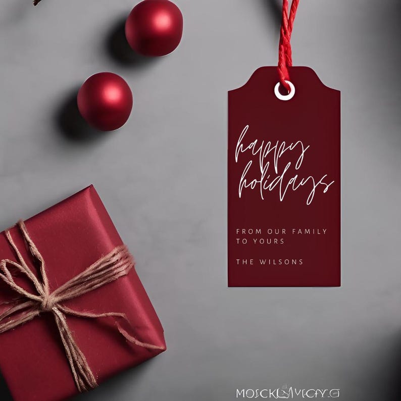 Dark Red Christmas Gift Tag Template | Minimalist Holiday Favor (canva ...