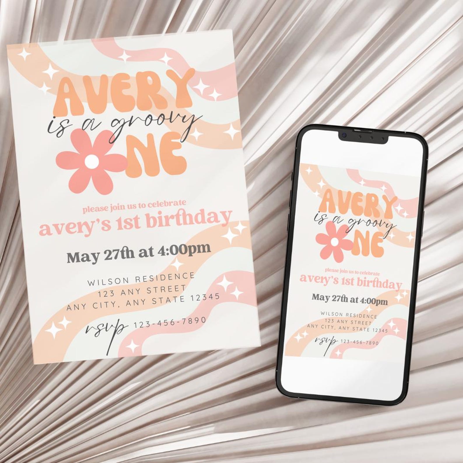 Groovy One Birthday Invitation | Retro Editable Birthday Party Invite ...