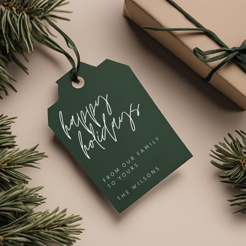 Dark Green Christmas Gift Tag Template | Minimalist Holiday Favor ...