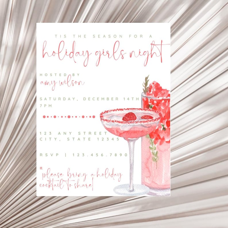 Pink Holiday Girls Night Invitation | Editable Canva Template - Etsy
