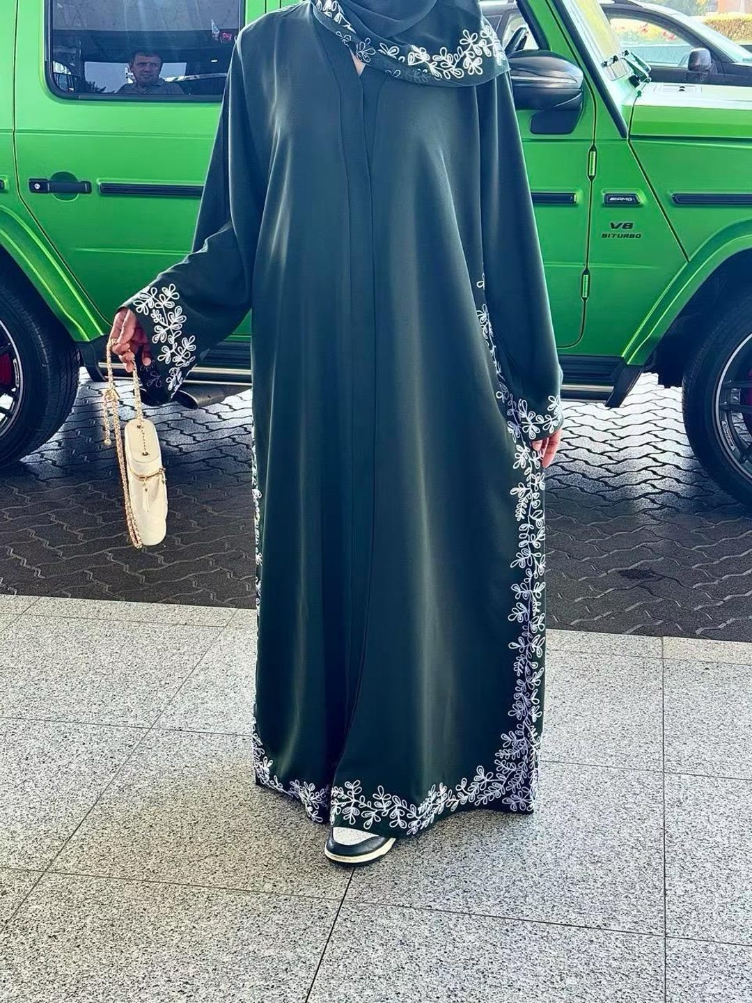 Hasana Blossom Abaya – Olive Green Open Abaya With 3D White Floral ...