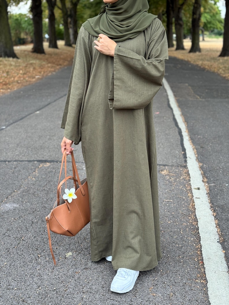 Pure Linen Closed Abaya With Pockets | Flowy Bell Sleeve Modest Muslim ...