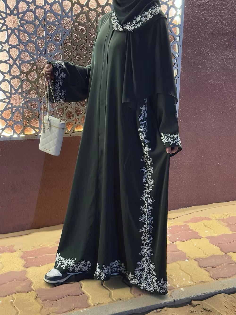 Hasana Blossom Abaya – Olive Green Open Abaya With 3D White Floral ...