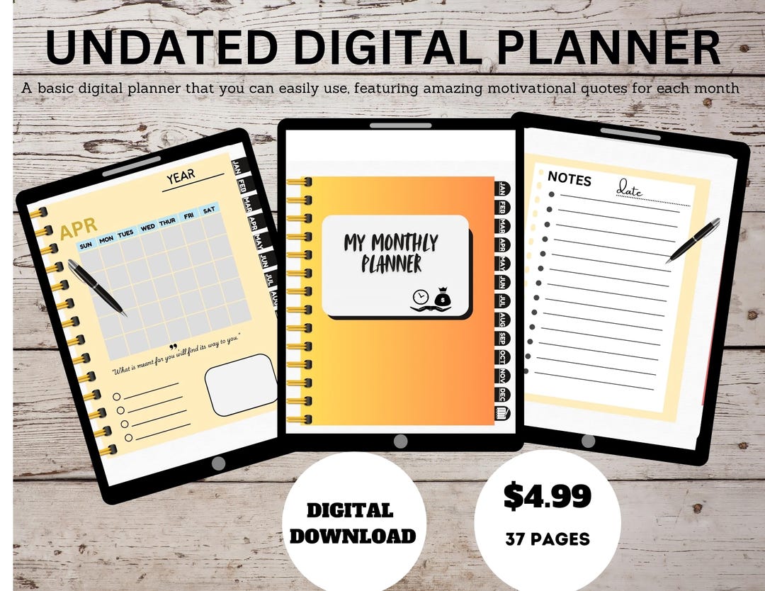 Undated Motivational Monthly Digital Planner - Etsy