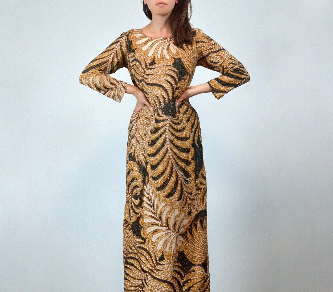 1960s Metallic Leaf Print Dress, Large - Etsy