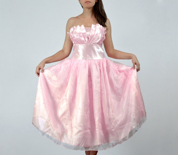 Y2K Pink Prom Dress, M to L | Strapless Faux Pearl Pr… - Gem