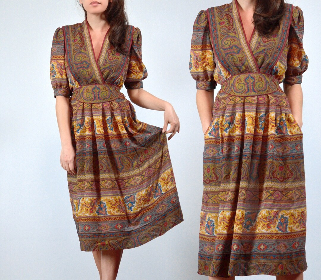 80s Sheer Puff Sleeve Dress, M | 1980s Sheer Boho Earth Tone With ...