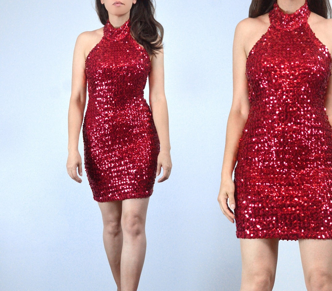 80s Sequin Mini Dress, Red Halter Neck Bodycon, XS to S - Etsy