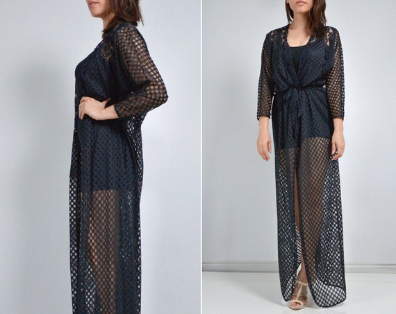 Sheer Black Robe with Pockets, Long Vintage Lace Ling… - Gem