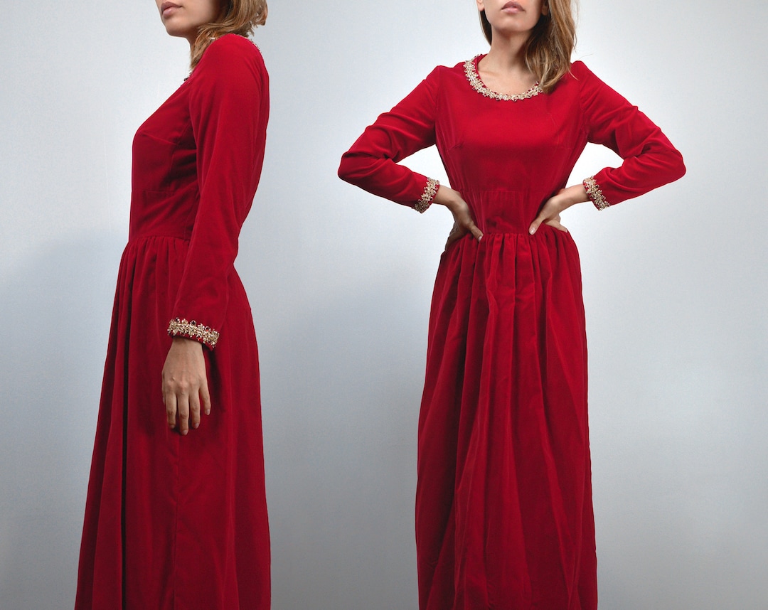 1970s Red Velvet Maxi Dress XS - Etsy
